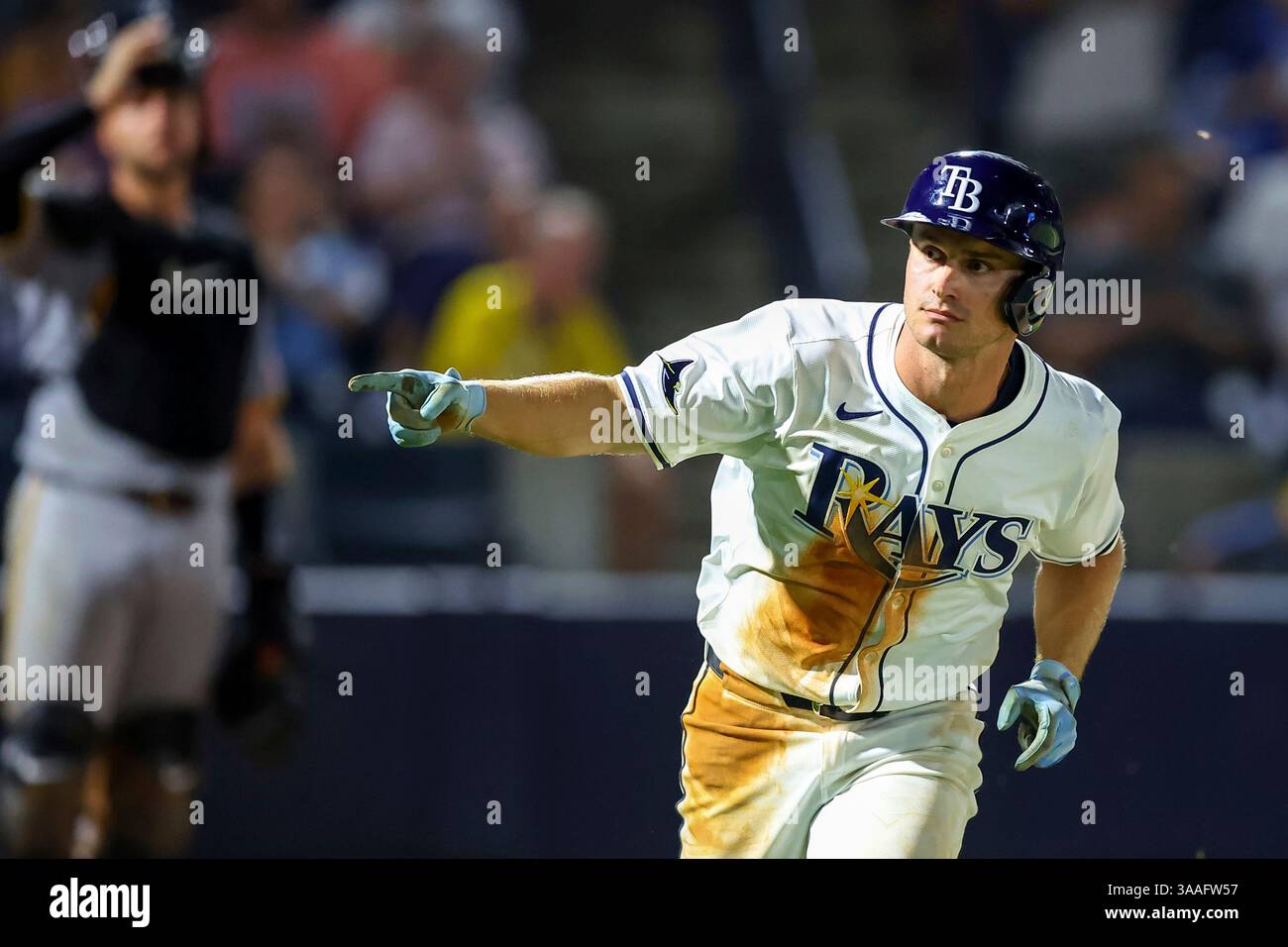 Tampa Bay Rays' Jake Mangum celebrates after his hit against the ...