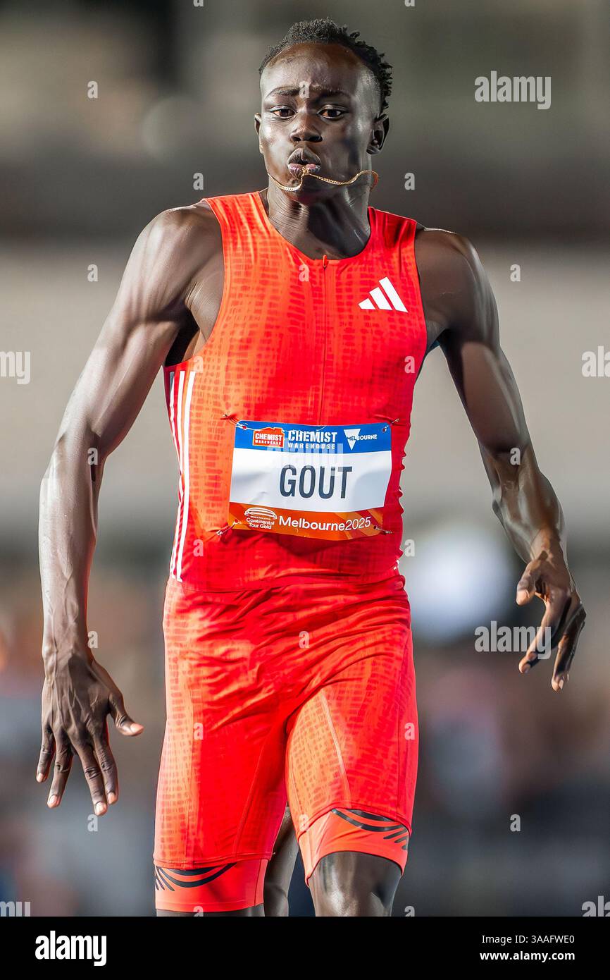 Melbourne, Australia. 29th Mar, 2025. Sprinter Gout Gout seen during the 200m race at the 2025 ...
