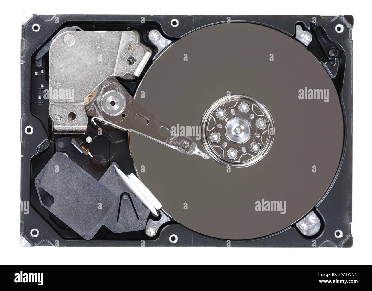 Close-up inside view of hard disk isolated on white background Stock ...