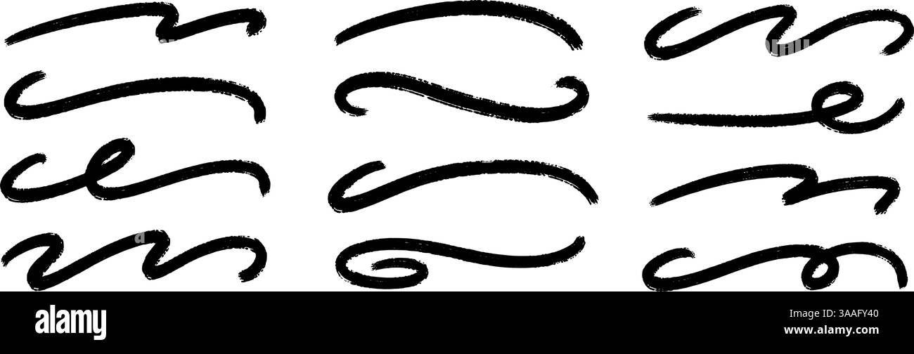 Wavy paint line set. Squiggle sketch brush stroke collection. Rough ...