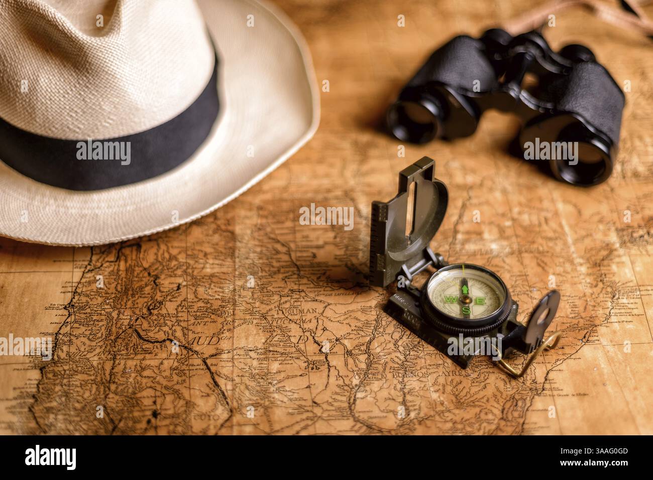 Old expedition map with compass and binoculars Stock Photo - Alamy