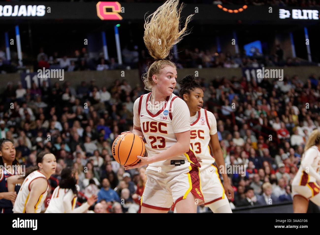 Southern California guard Avery Howell (23) grabs a rebound during the ...