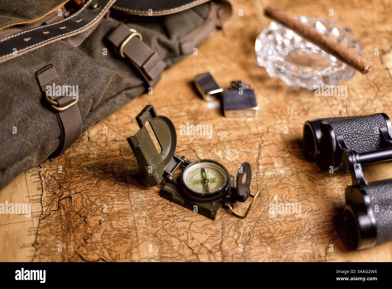 Old expedition map with compass and binoculars Stock Photo - Alamy