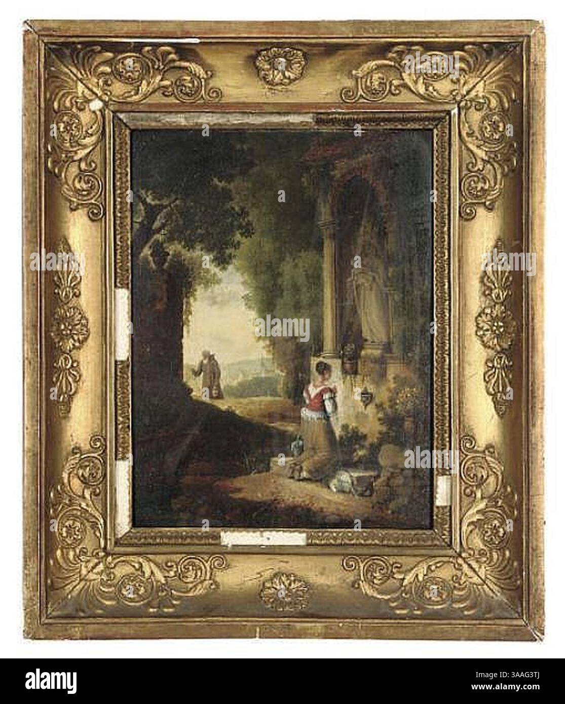Jacques Joseph Duhen - A lady praying before a shrine, a monk in an ...