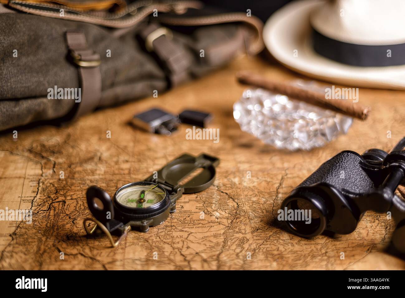 Old expedition map with compass and binoculars Stock Photo - Alamy