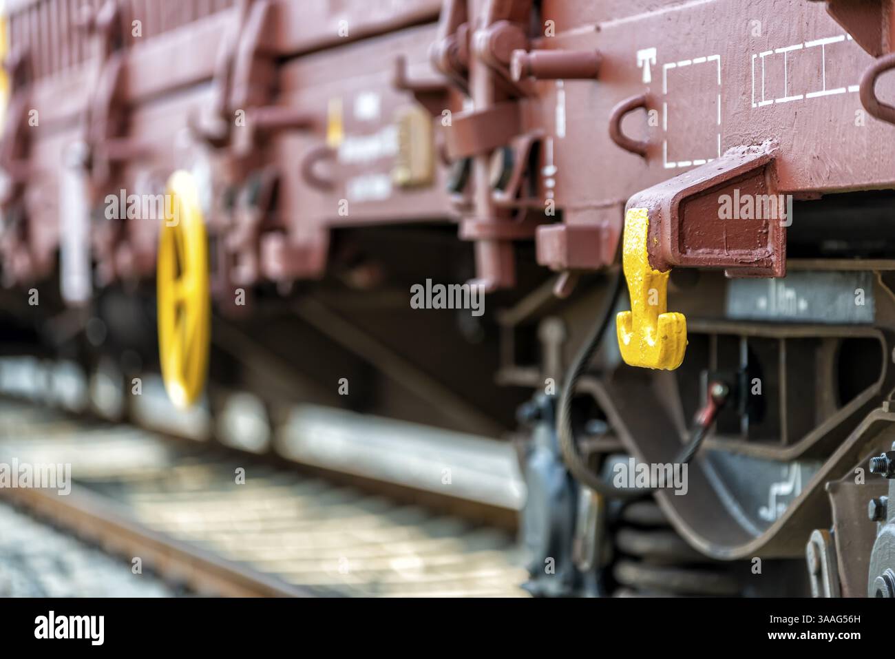Goods train with goods wagons at a marshalling yard in Europe Stock ...