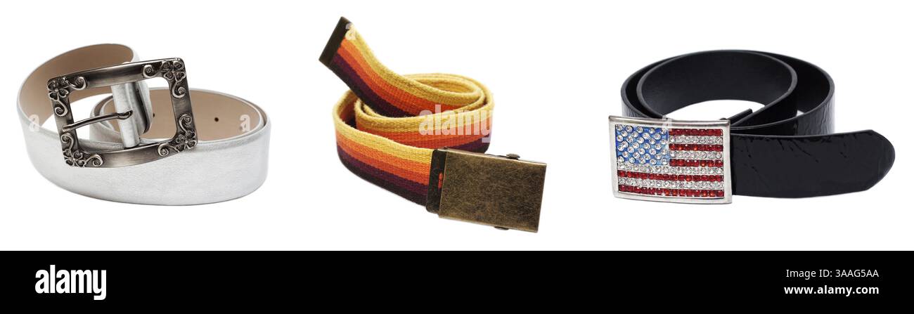 Collage three belts, one of the fabrics, two from skin and buckle in ...