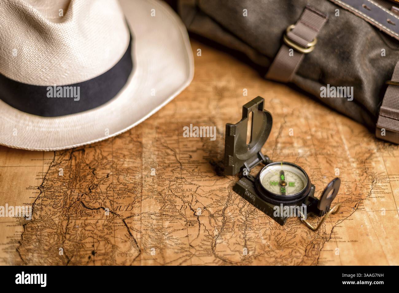 Old expedition map with compass and binoculars Stock Photo - Alamy