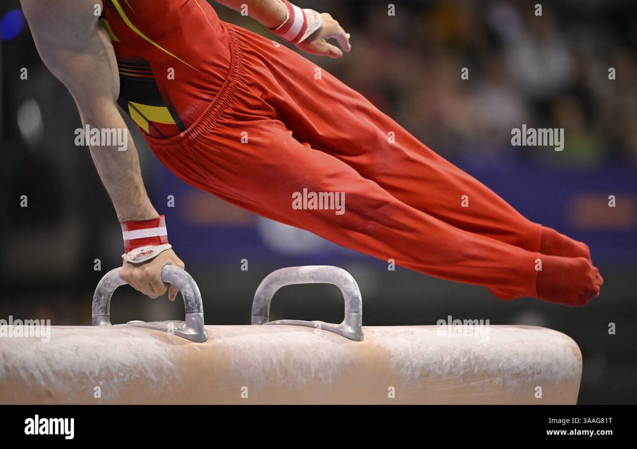 Feature detail close-up Senne Spyckerelle BEL pommel horse action ...