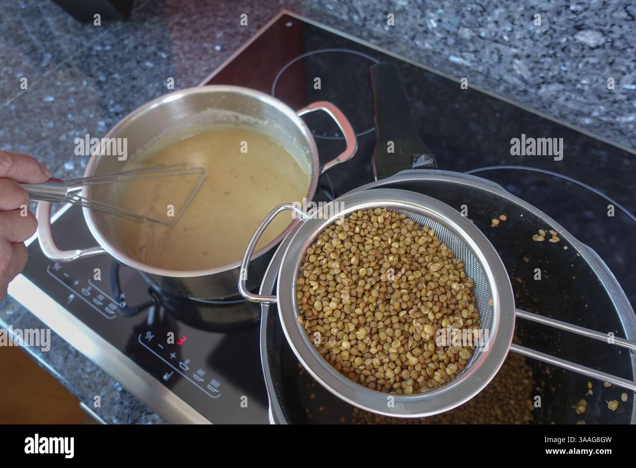 Swabian cuisine, preparation of lentil soup, cooker, cooking pot ...