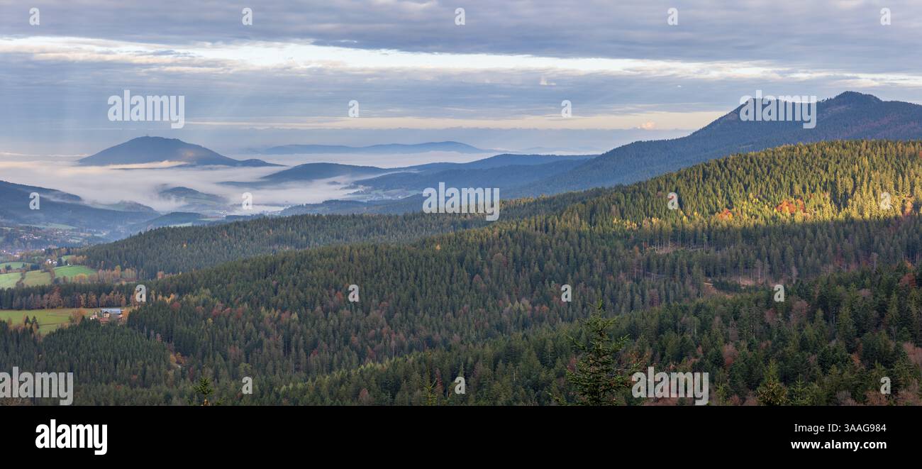 View from the Hindenburgkanzel over endless forests in autumn with ...