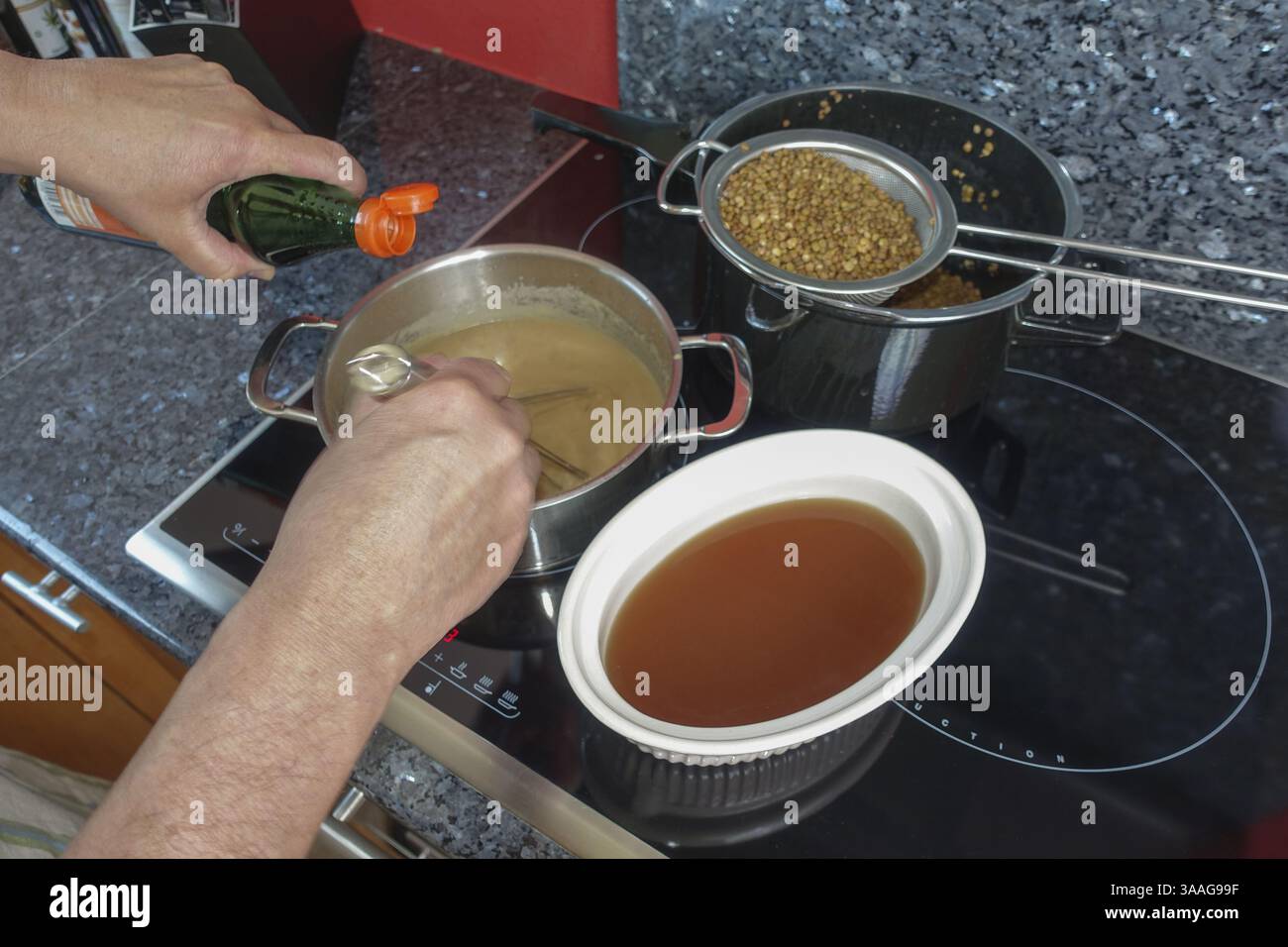 Swabian cuisine, preparation of lentil soup, cooker, cooking pot ...