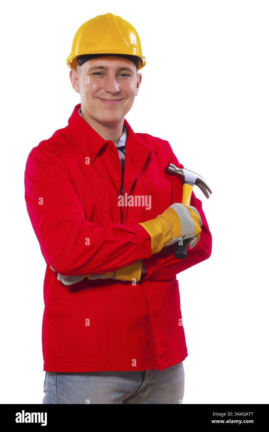 Carpenter holding claw hammer looking at camera and smiling isolated ...