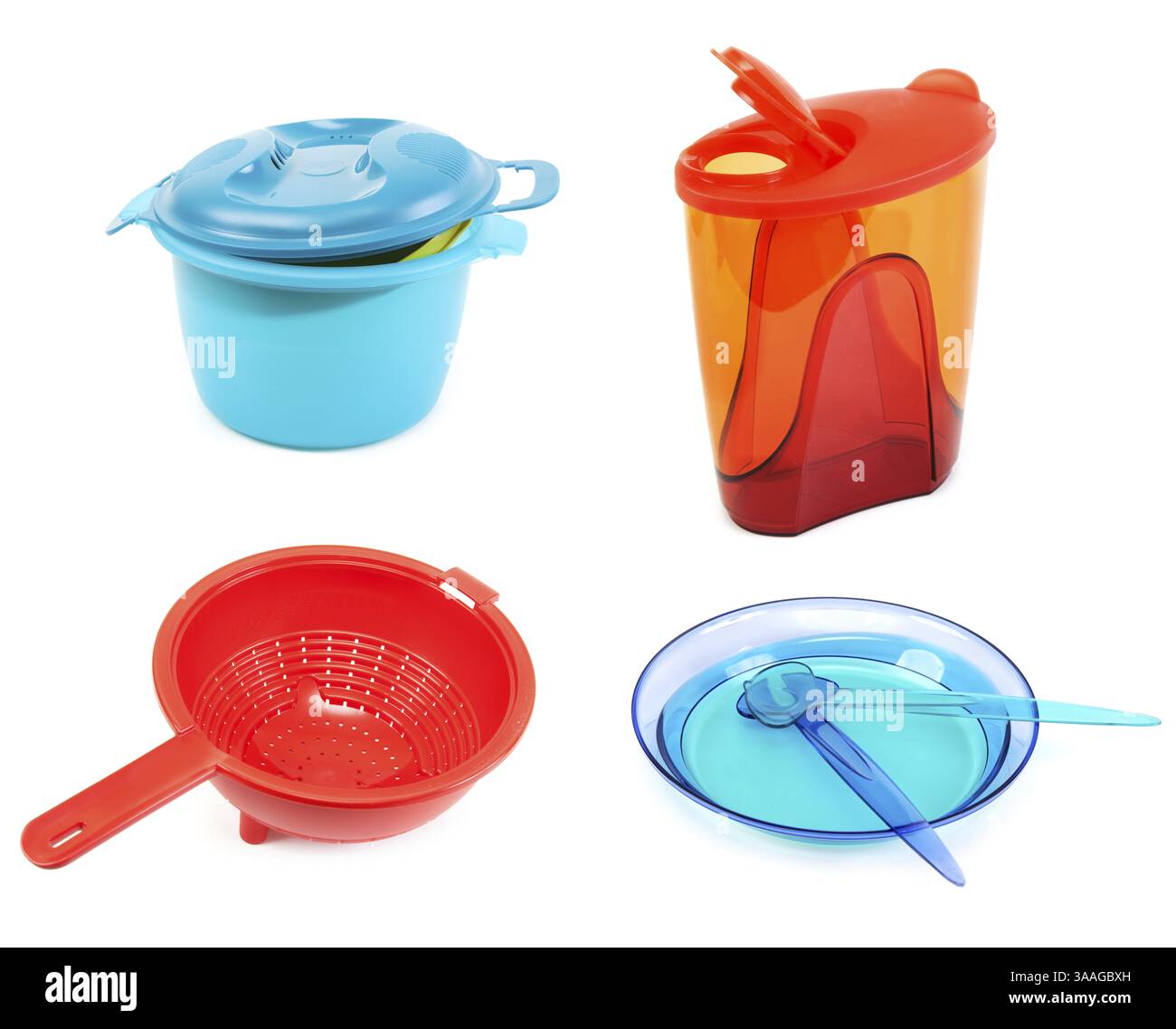 Collage plastic dishes on white background.Picture built from several ...