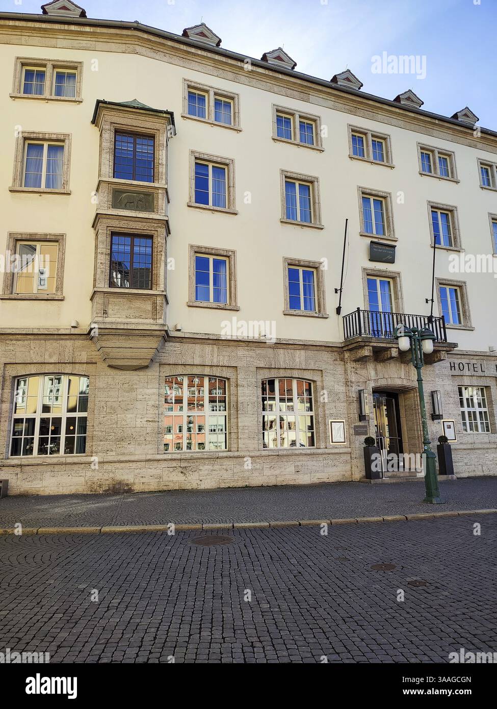 Historic Hotel Elephant building with stone facade and several windows ...