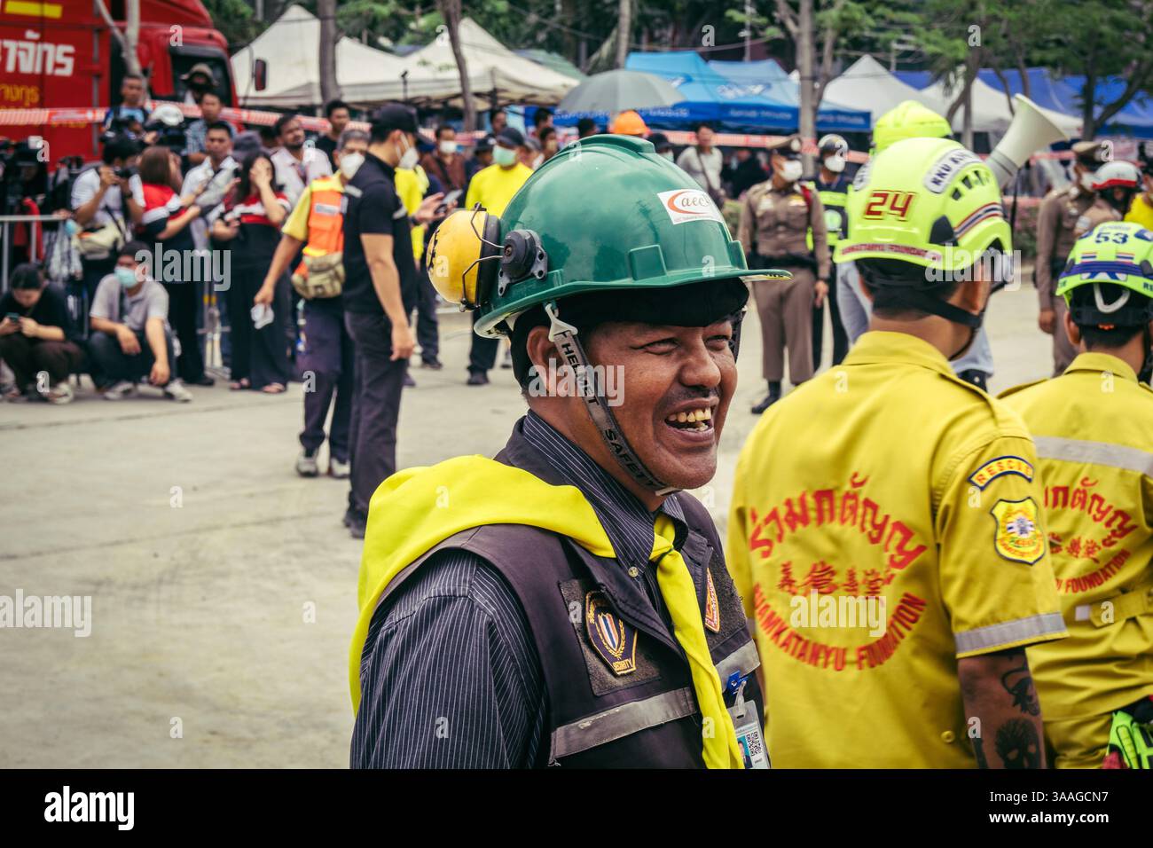 Bangkok, Thailand, March 31, 2025 Rescuers work at the site of a high ...