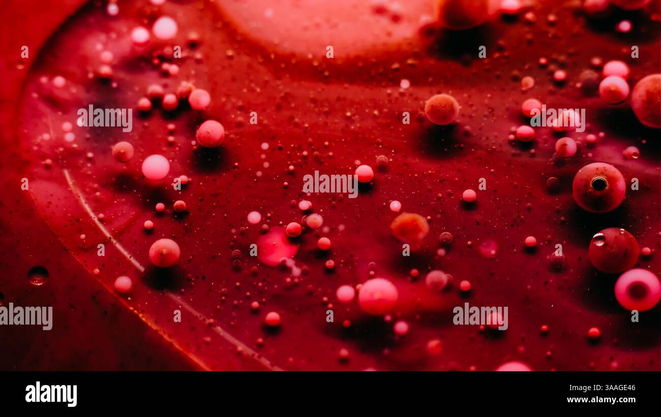 Ink liquid. Paint bubbles. Defocused red pink color round drops blob ...