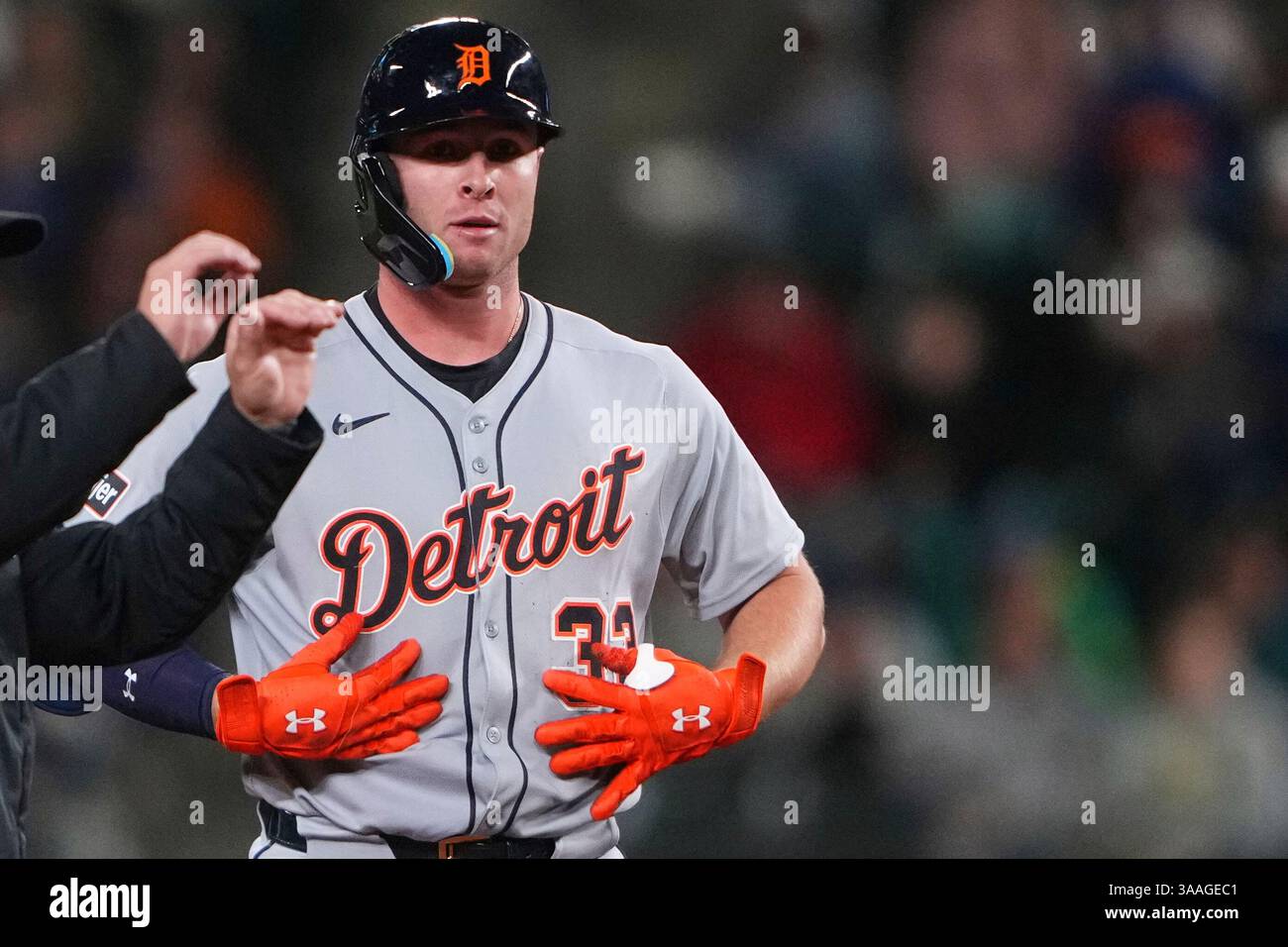 Detroit Tigers' Colt Keith reacts to a double against the Seattle ...