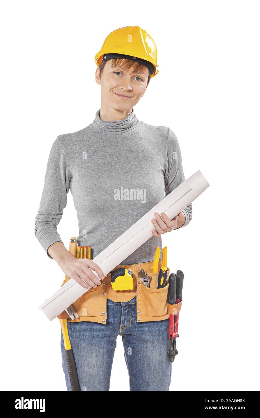 Female worker holding big blueprint isolated Stock Photo - Alamy