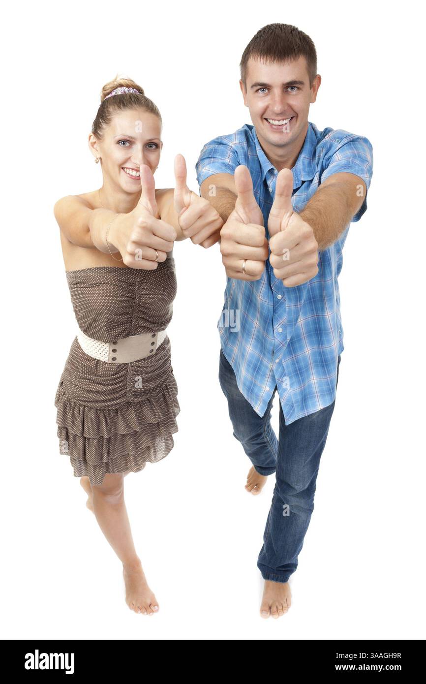 Young happy couple showing ok. Isolate on white Stock Photo - Alamy