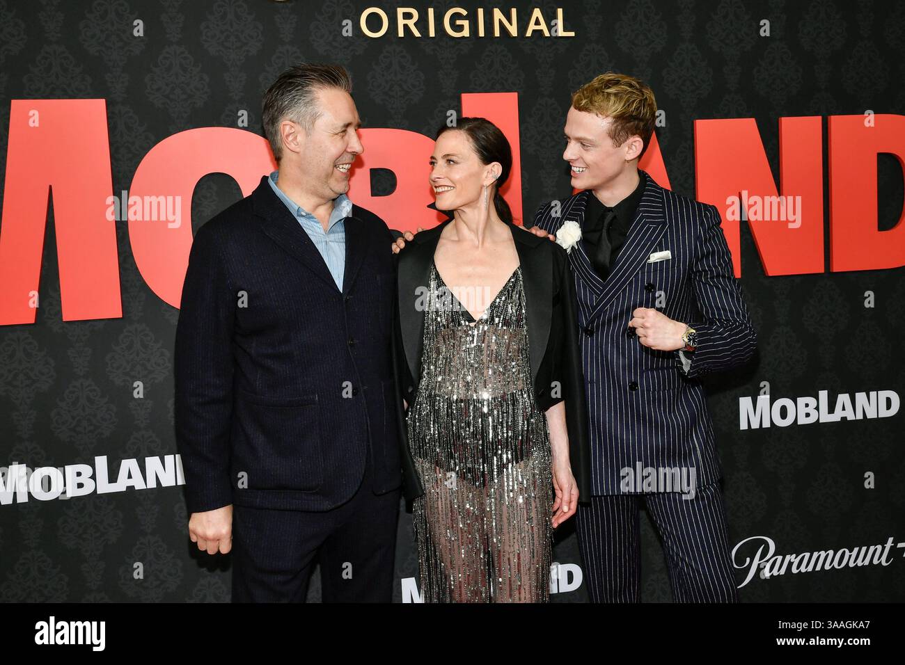 Paddy Considine, left, Lara Pulver and Anson Boon attend the Paramount+ ...
