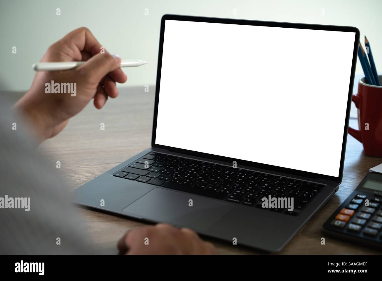 young man working Businessman using a desktop computer of the blank ...