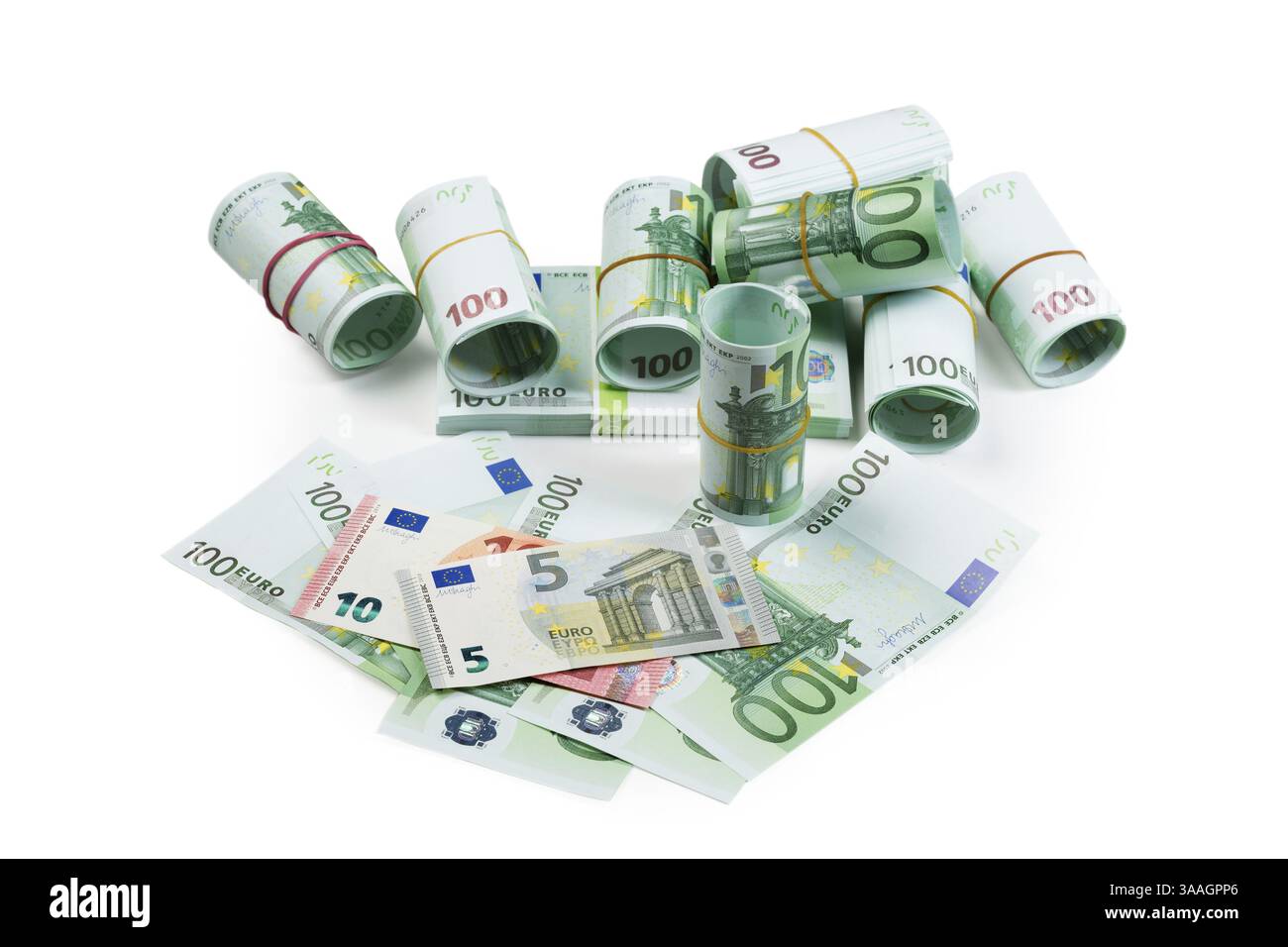 Euro banknotes in stacks and rolls isolate on white Stock Photo - Alamy