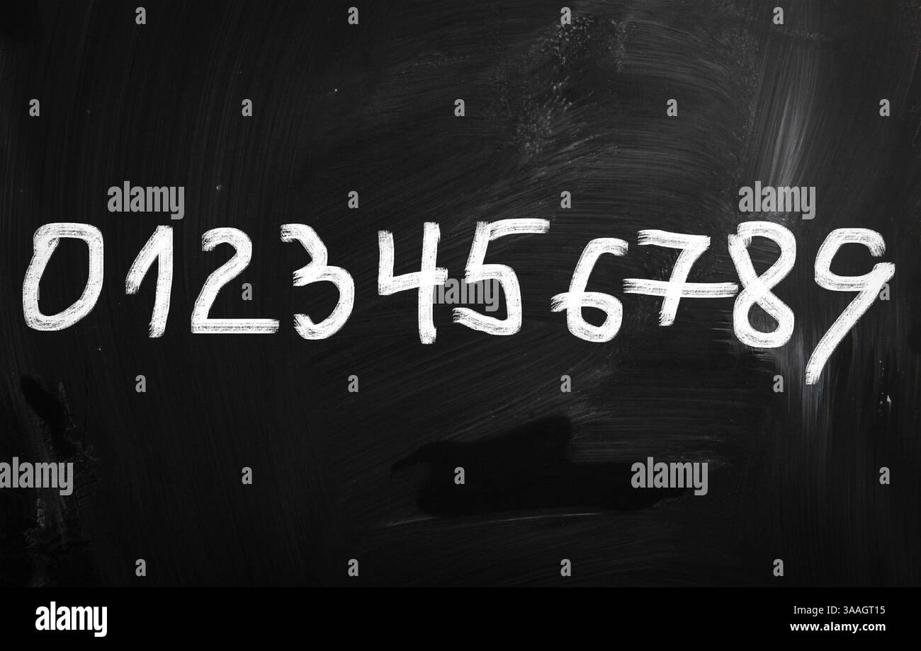 Numbers handwritten with white chalk on a blackboard Stock Photo - Alamy