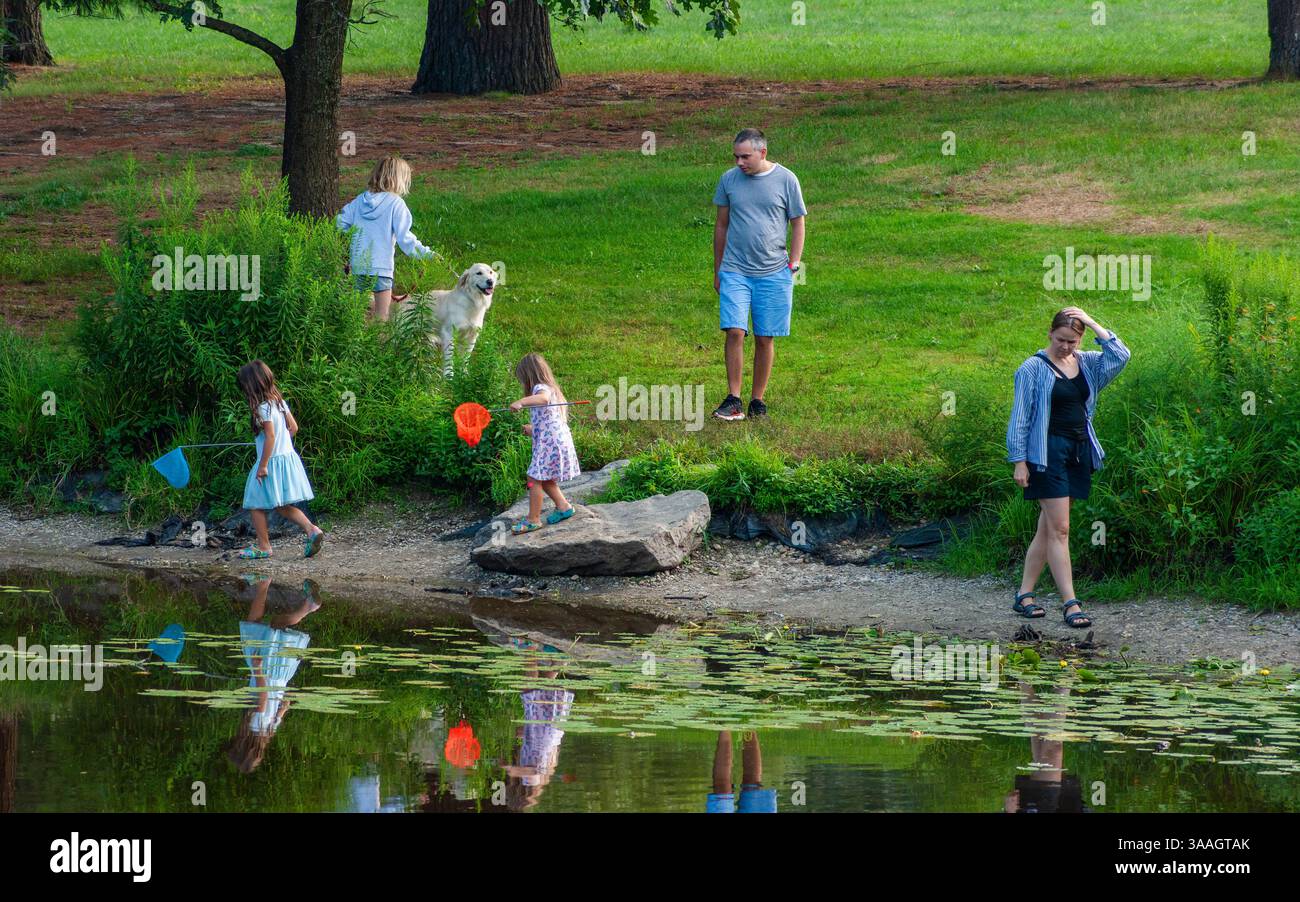 Family with children and golden retriever explore lily-pad pond with ...