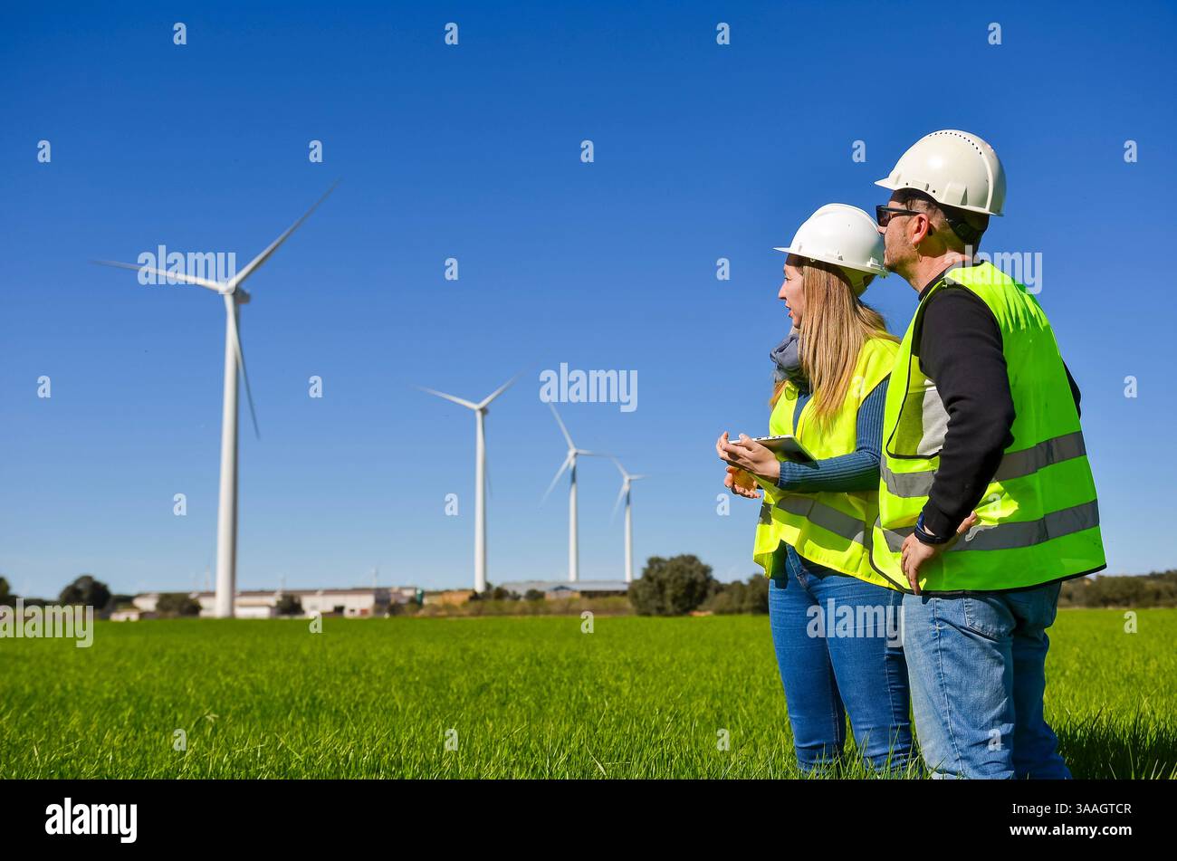 Two engineers wearing safety vests and helmets are observing working ...
