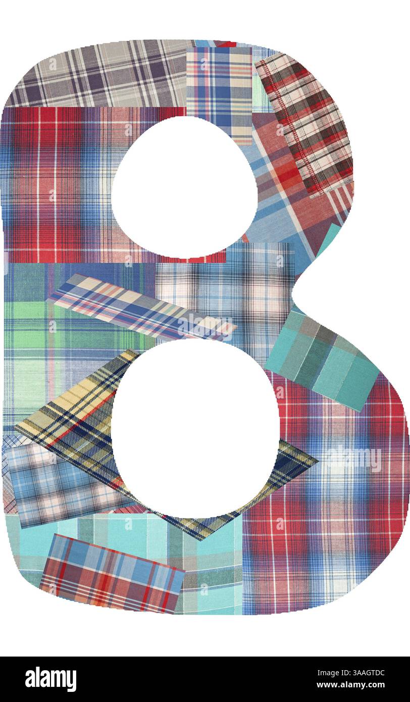 Collage letter B of the color patches checkered fabric on a white ...
