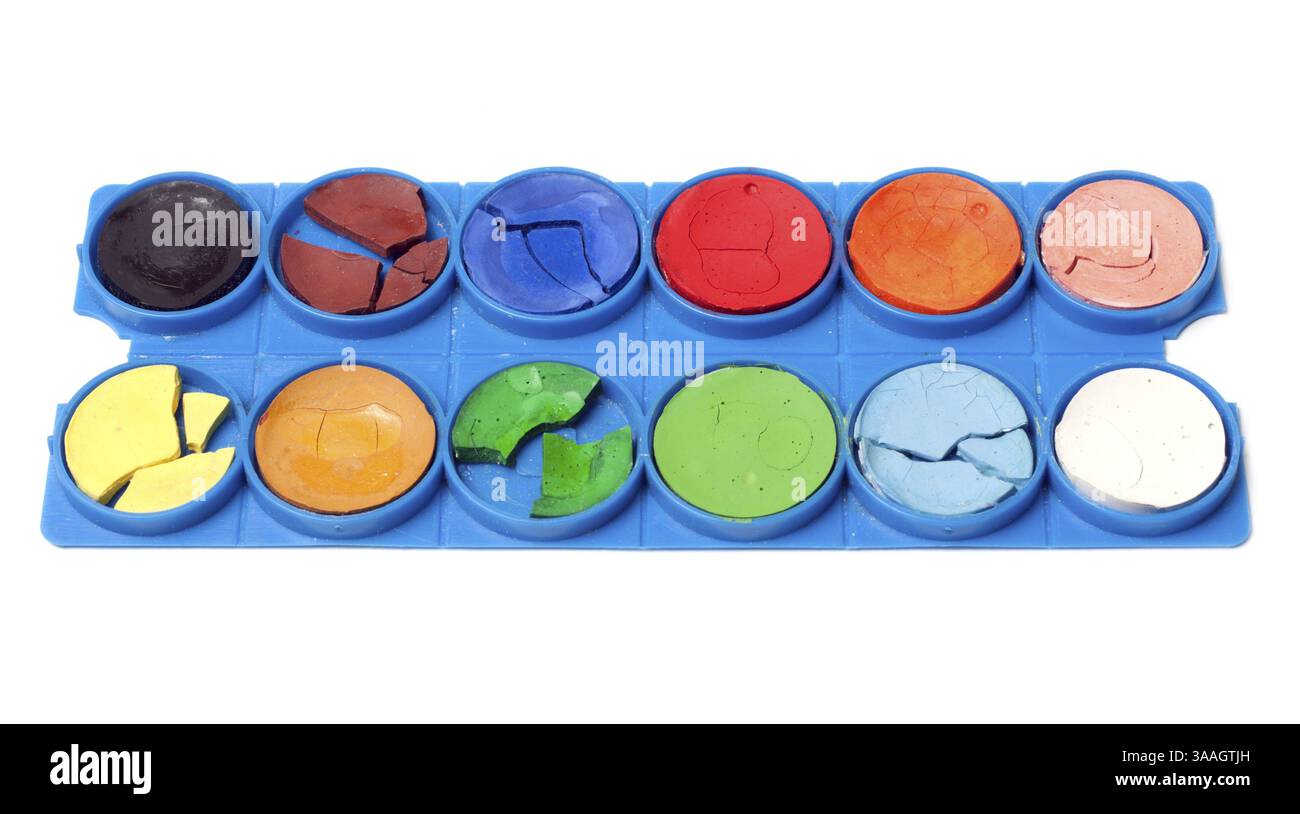 Aging plastic palette with watercolor paint on white background Stock ...