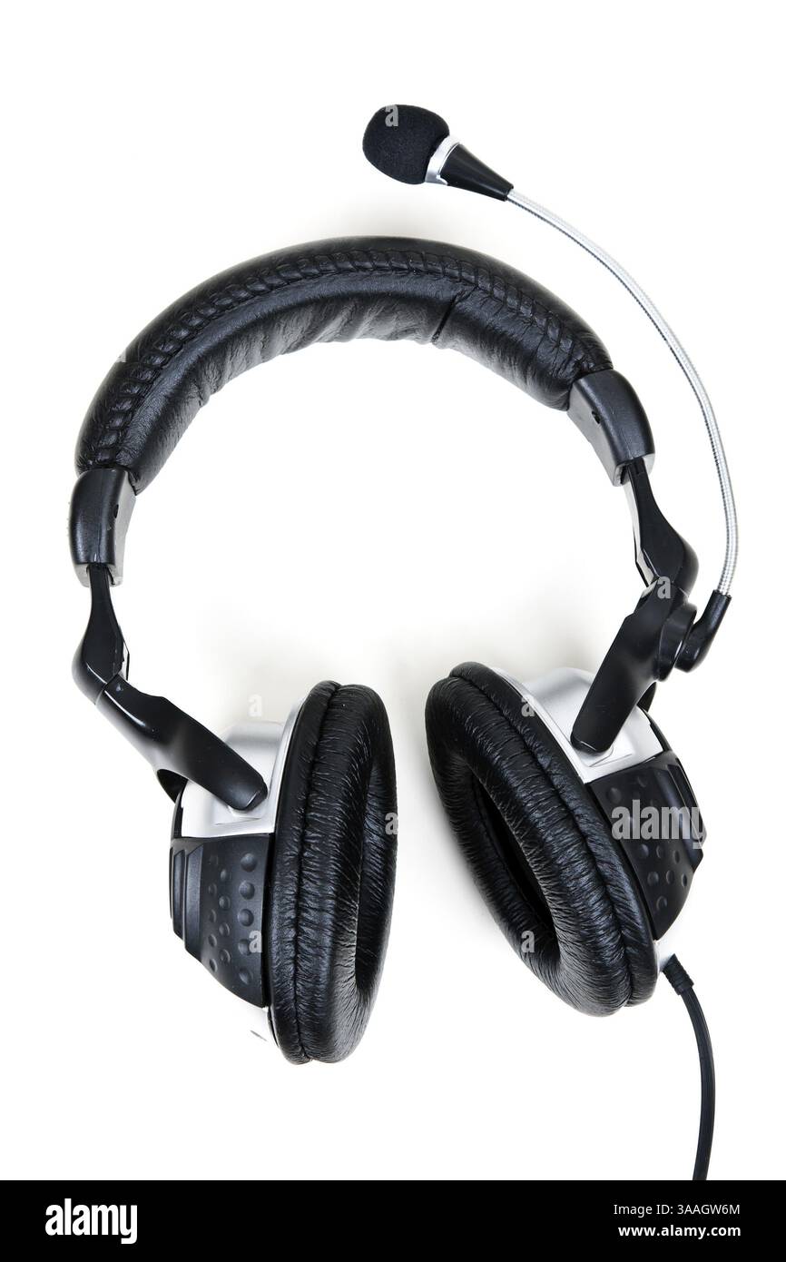 Leather headset with microphone isolated on white background Stock ...