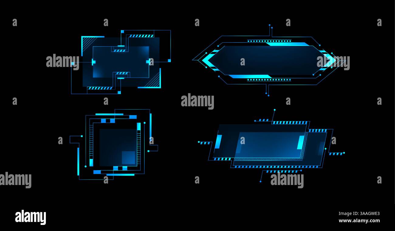 Blue cyberpunk hud frames set isolated on black background. Vector realistic illustration of ...