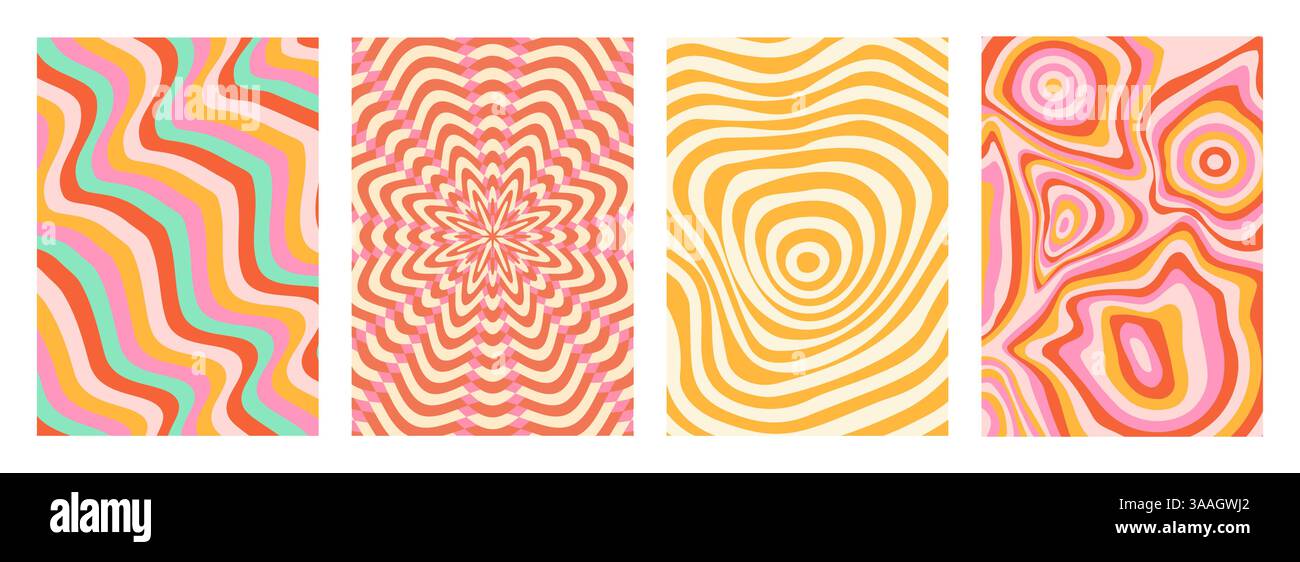 Optical illusion wave pattern set - psychedelic curvy stripe designs ...