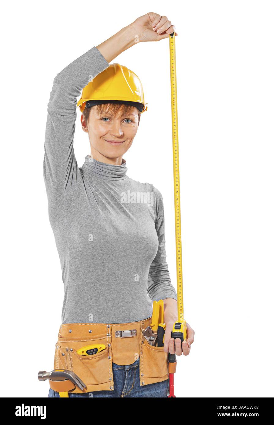 Female worker demonstrating tape line isolated Stock Photo - Alamy