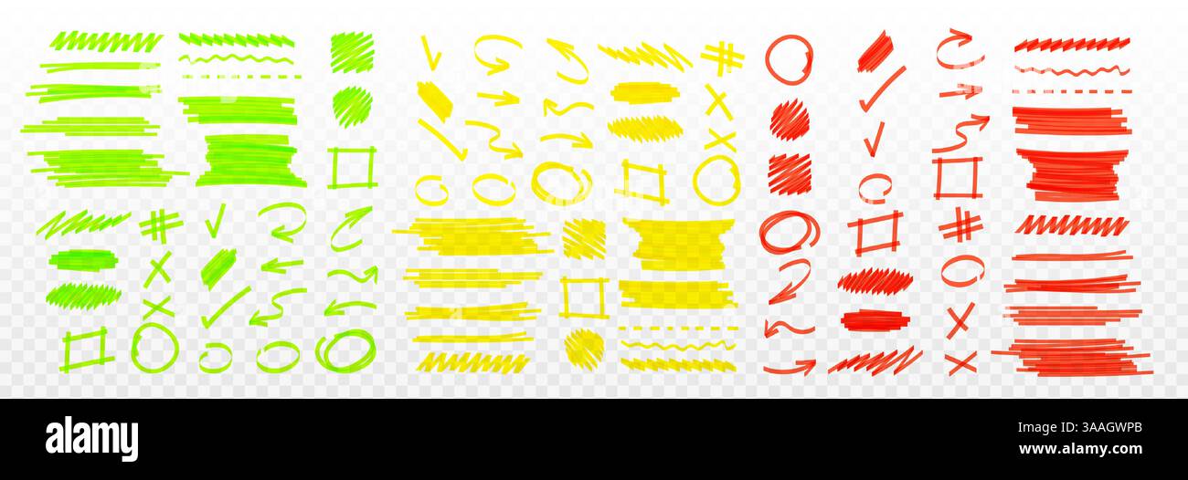 Highlight marker strokes set - hand drawn green, yellow and red lines ...