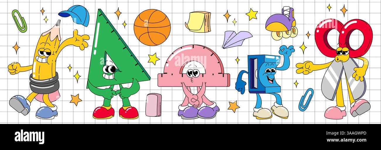 Retro school stationery characters set isolated on notebook page ...