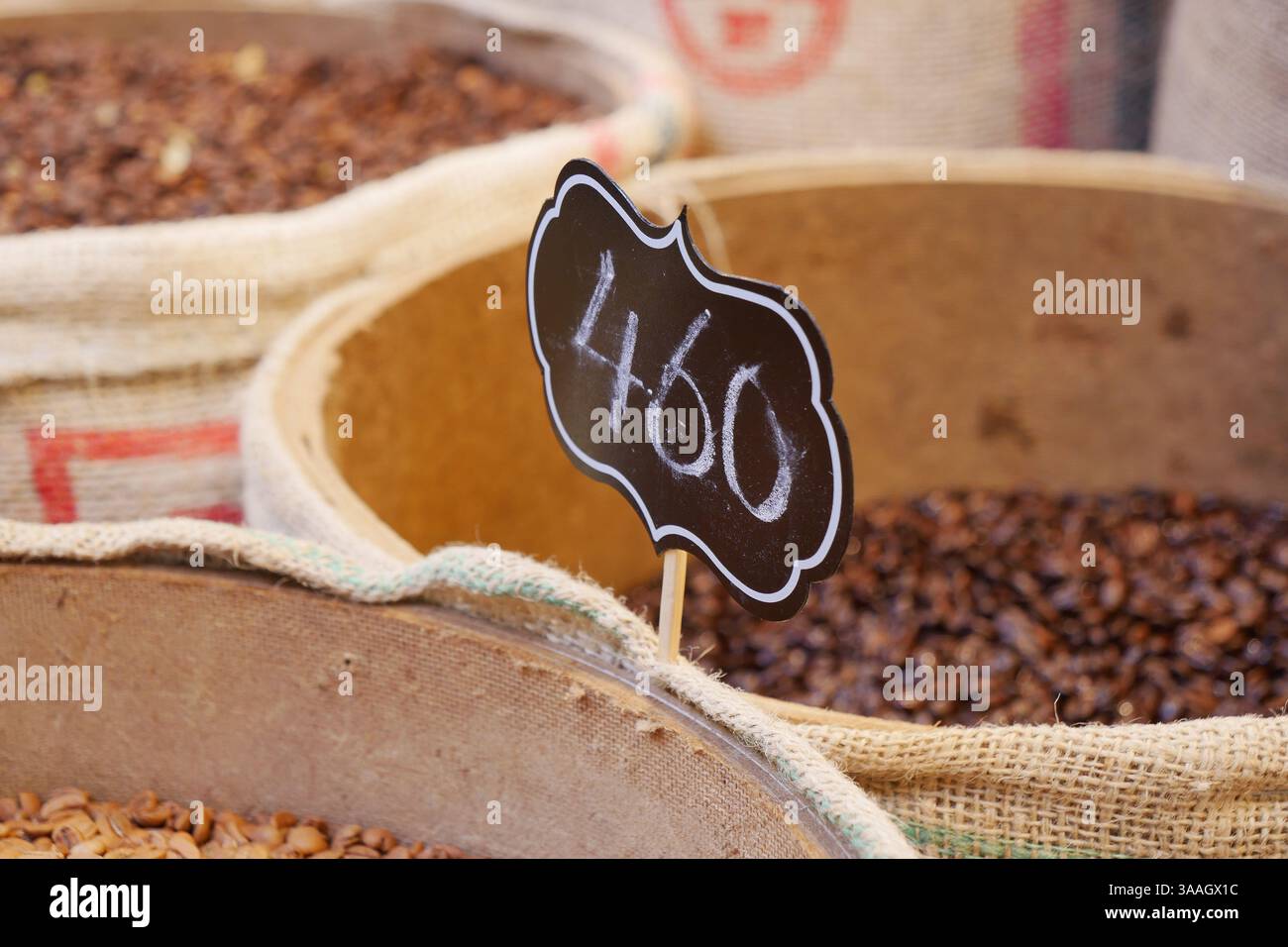 Colorful display of spices with numbered sign at local market Stock ...