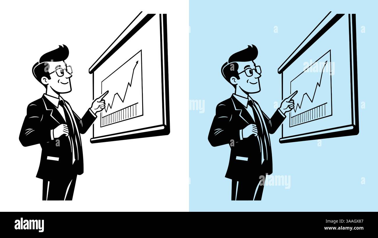 Illustration of a cartoon-style businessman pointing to a financial ...