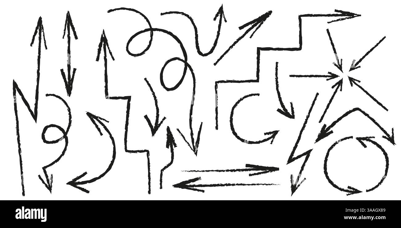 Handdrawn arrow set in doodle sketch style. Curved, straight and swirly ...