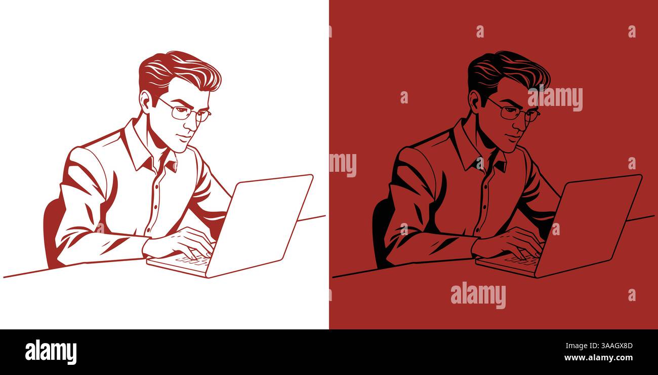 Illustration Professional man working seriously at his laptop, focus on ...