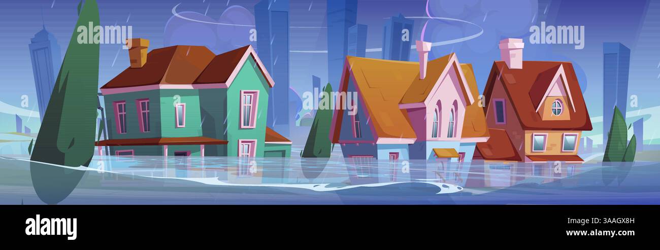 Flooded city street with houses under water. Vector cartoon ...