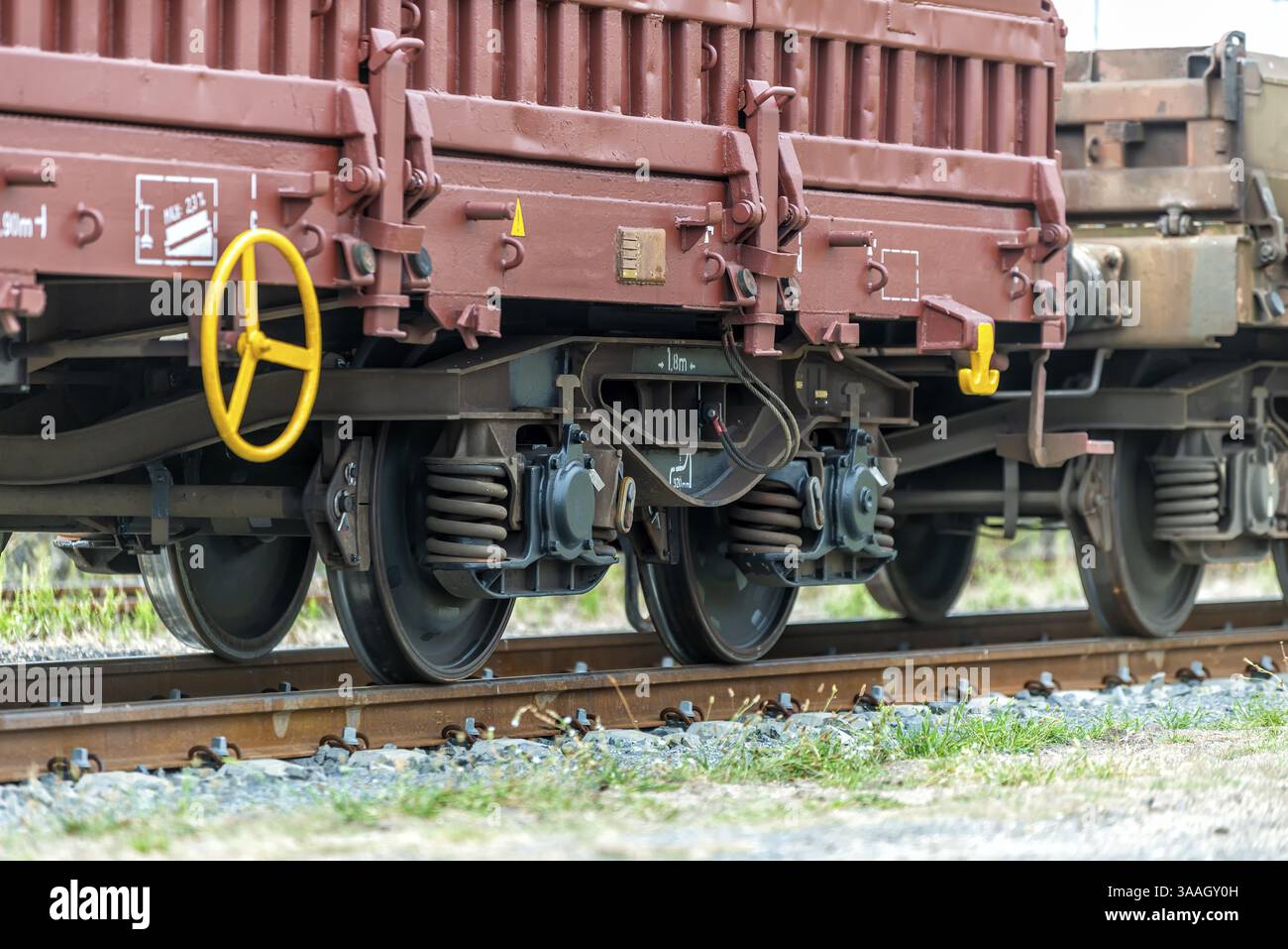 Goods train with goods wagons at a marshalling yard in Europe Stock ...