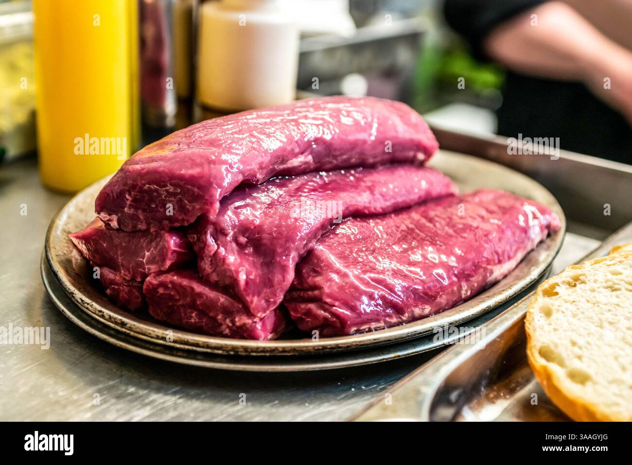 Steaks. Grade A grass fed beef, waygu steaks in butchers block ...