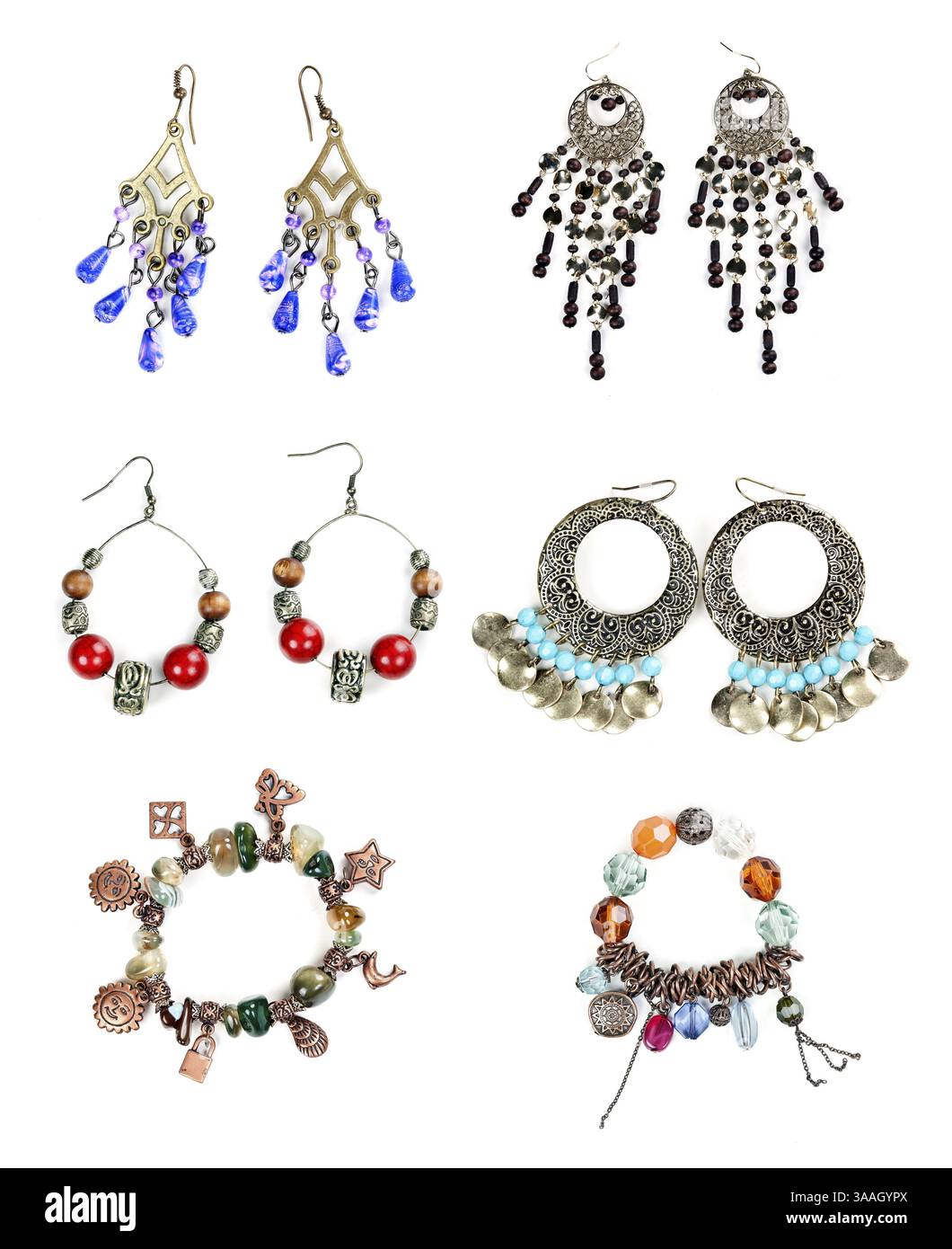 Collage of six women's jewelry. Isolate on white Stock Photo - Alamy