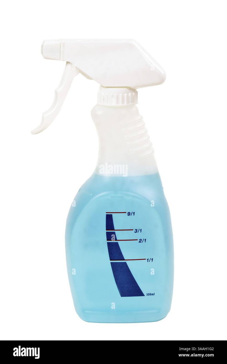 Blue window cleaning solution in a plastic container isolated on white ...