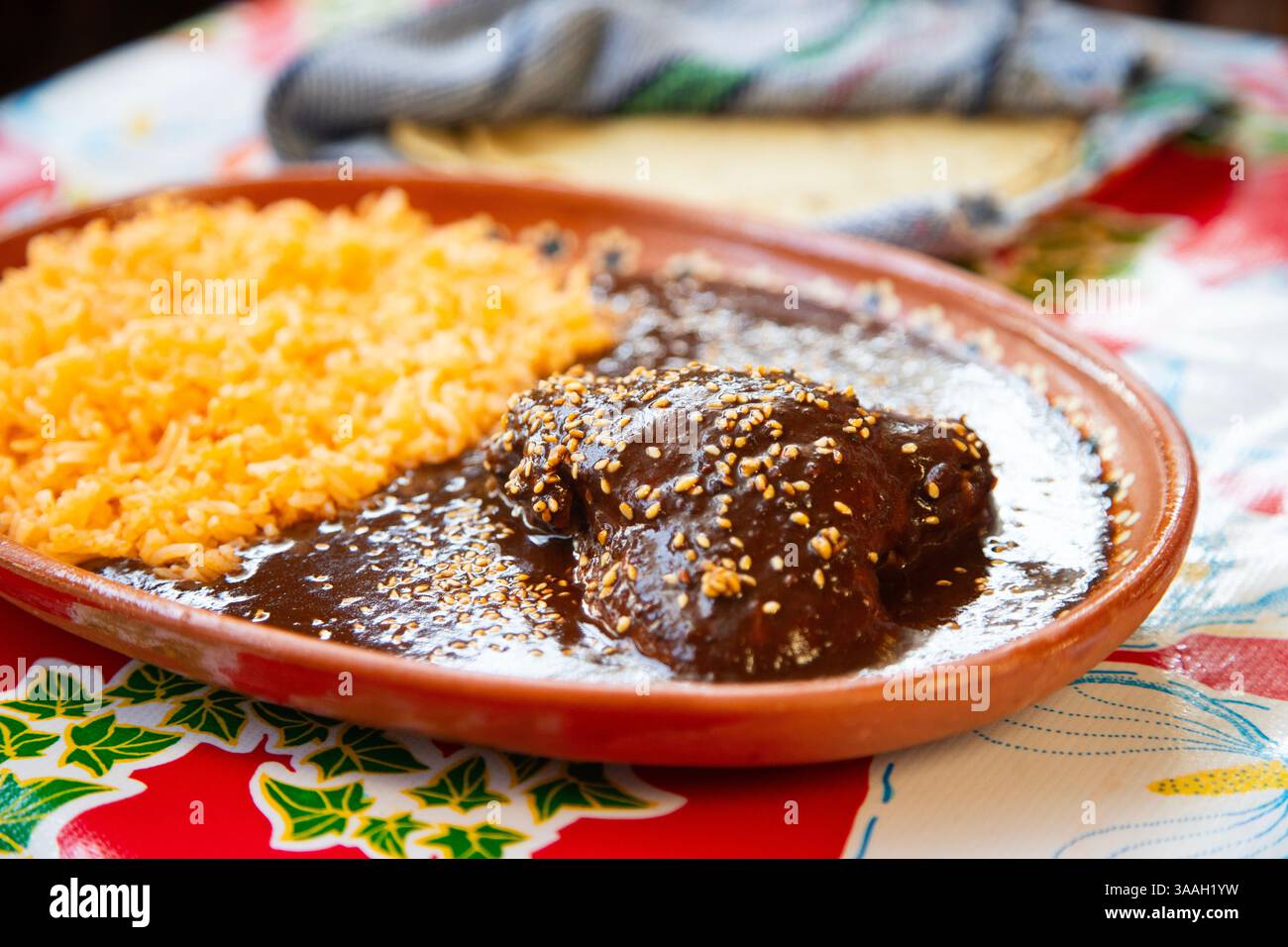 A traditional clay pottery dish with mole and chicken from Puebla, a ...