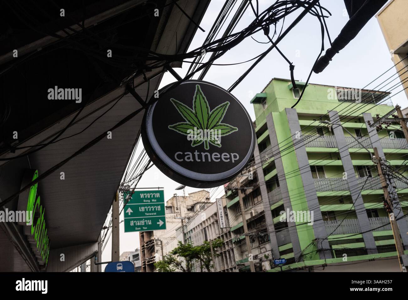 Catneep illuminated neon green cannabis leaf shop sign near the Patpong ...