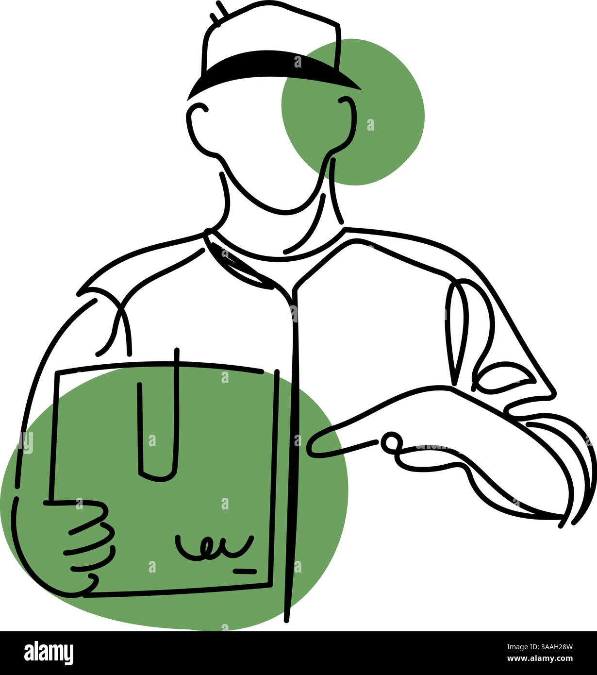 Stylized line illustration of a courier in uniform pointing at a parcel ...